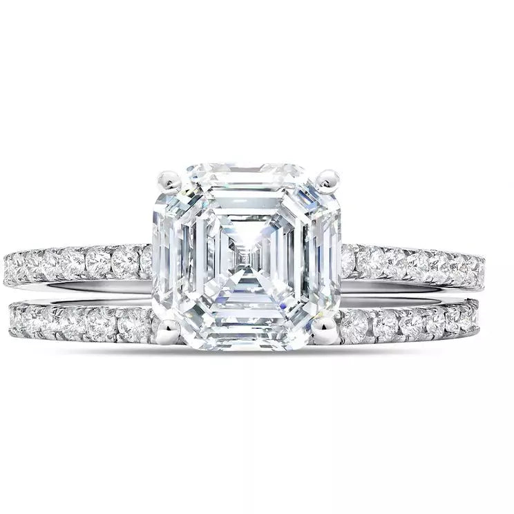 CRISLU LARGE ASSCHER CUT SOLITAIRE AND PAVE RING SET IN PLATINUM– ICE